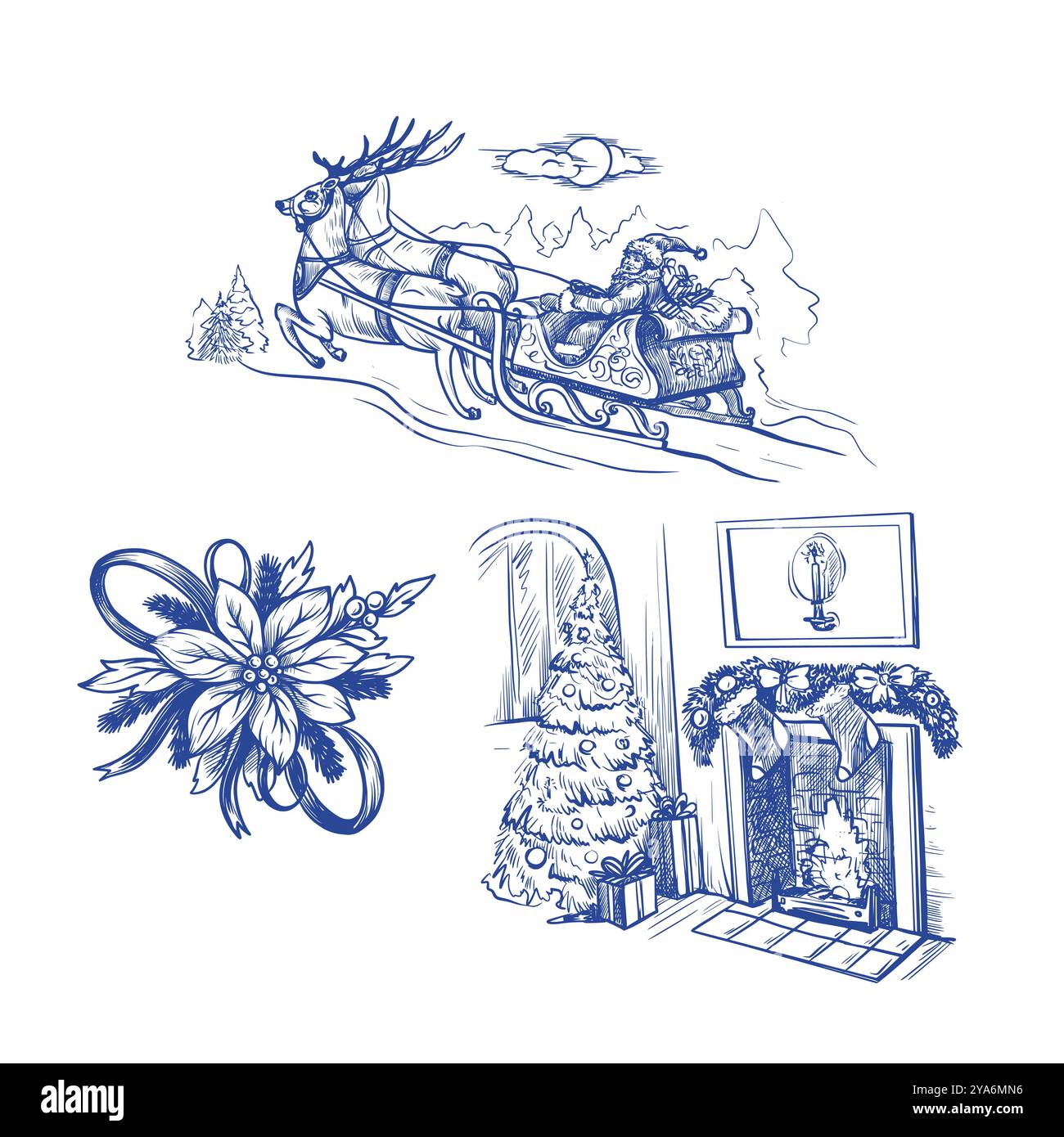 Santa, poinsettia, fir tree in toile style isolated. Vector Stock ...