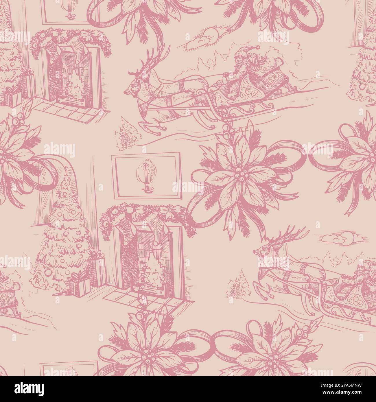 Seamless pattern with Santa, poinsettia, fir tree in toile style ...