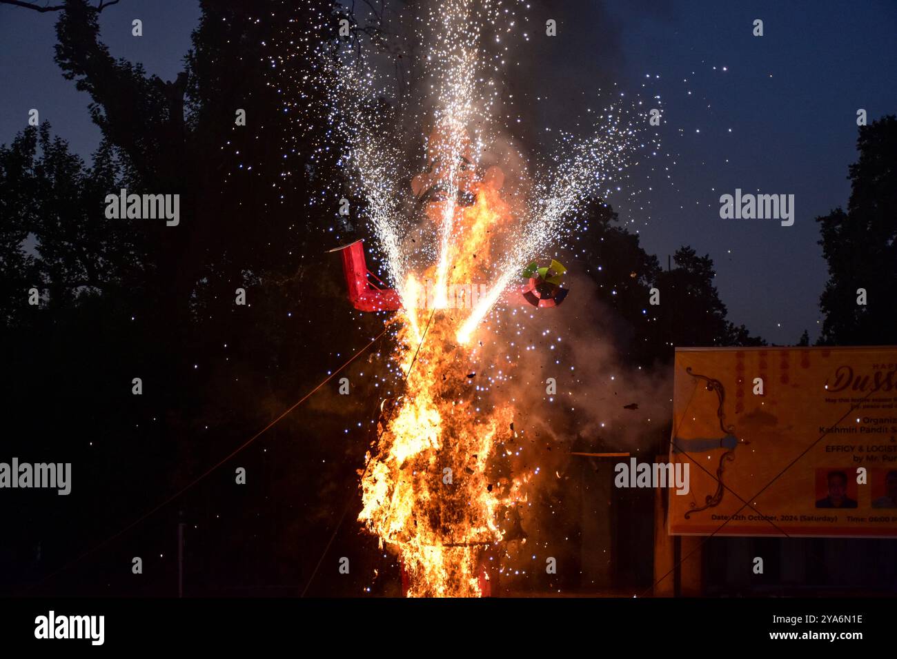 An effigy of demon king Ravana goes up in flames during the Dussehra ...