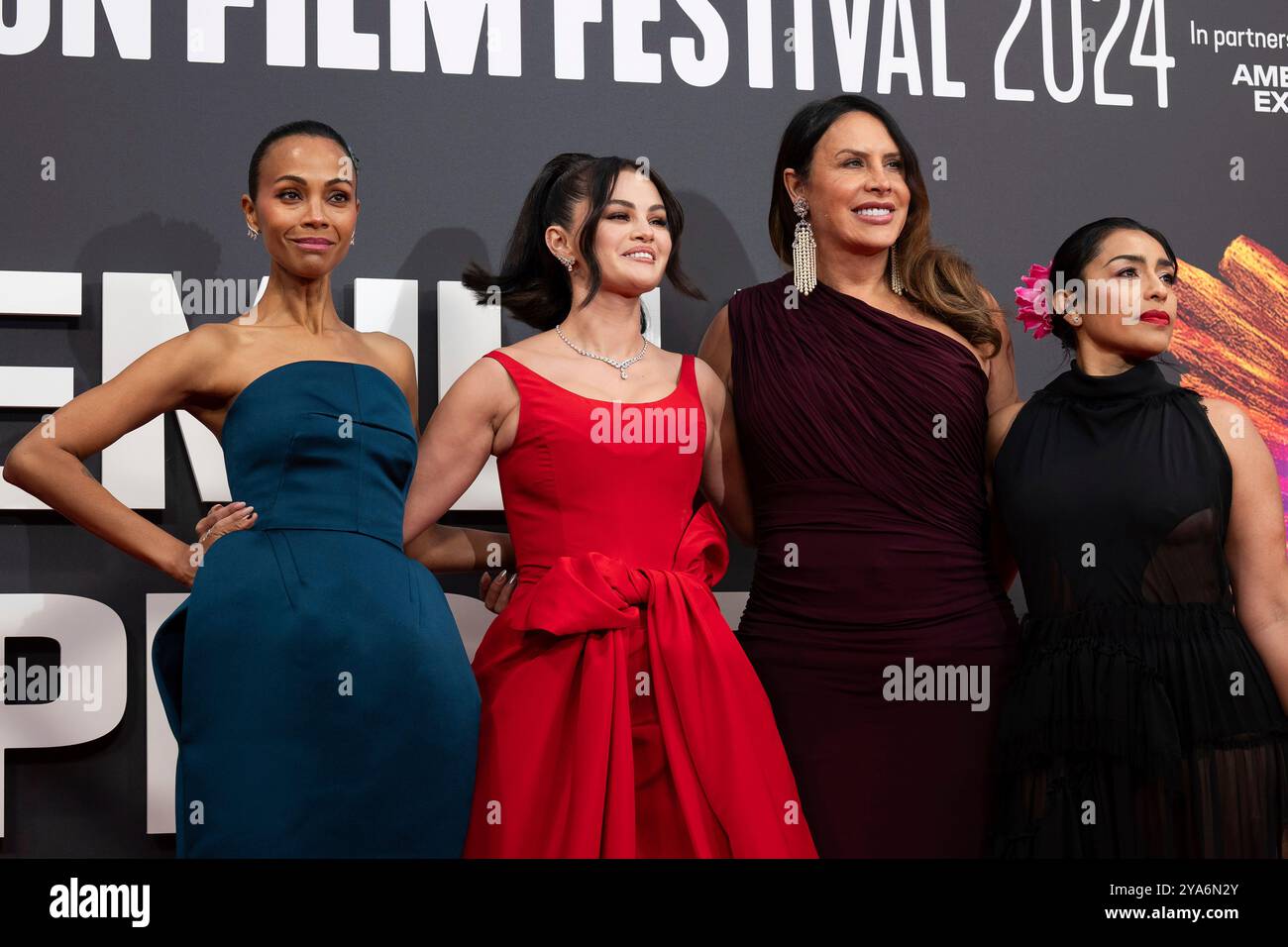 Zoe Saldana, from left, Selena Gomez, Karla Sofía Gascon and Adriana Paz pose for photographers ...