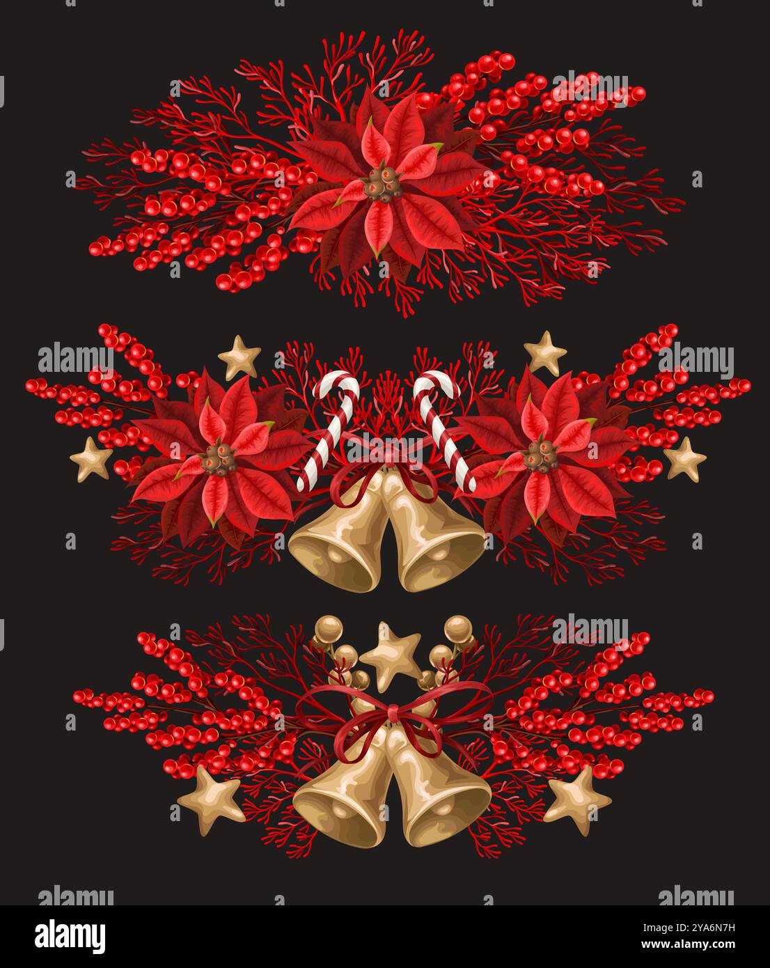 Christmas bouquets with red berries, poinsettia and bells. Vector Stock ...