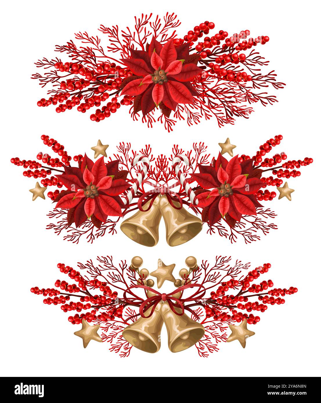 Christmas bouquets with red berries, poinsettia and bells. Vector Stock ...