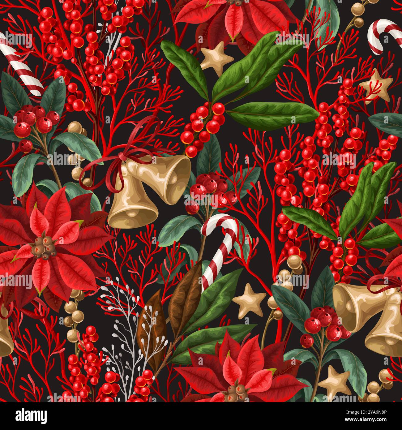 Christmas seamless pattern with red berries and bells. Vector Stock ...