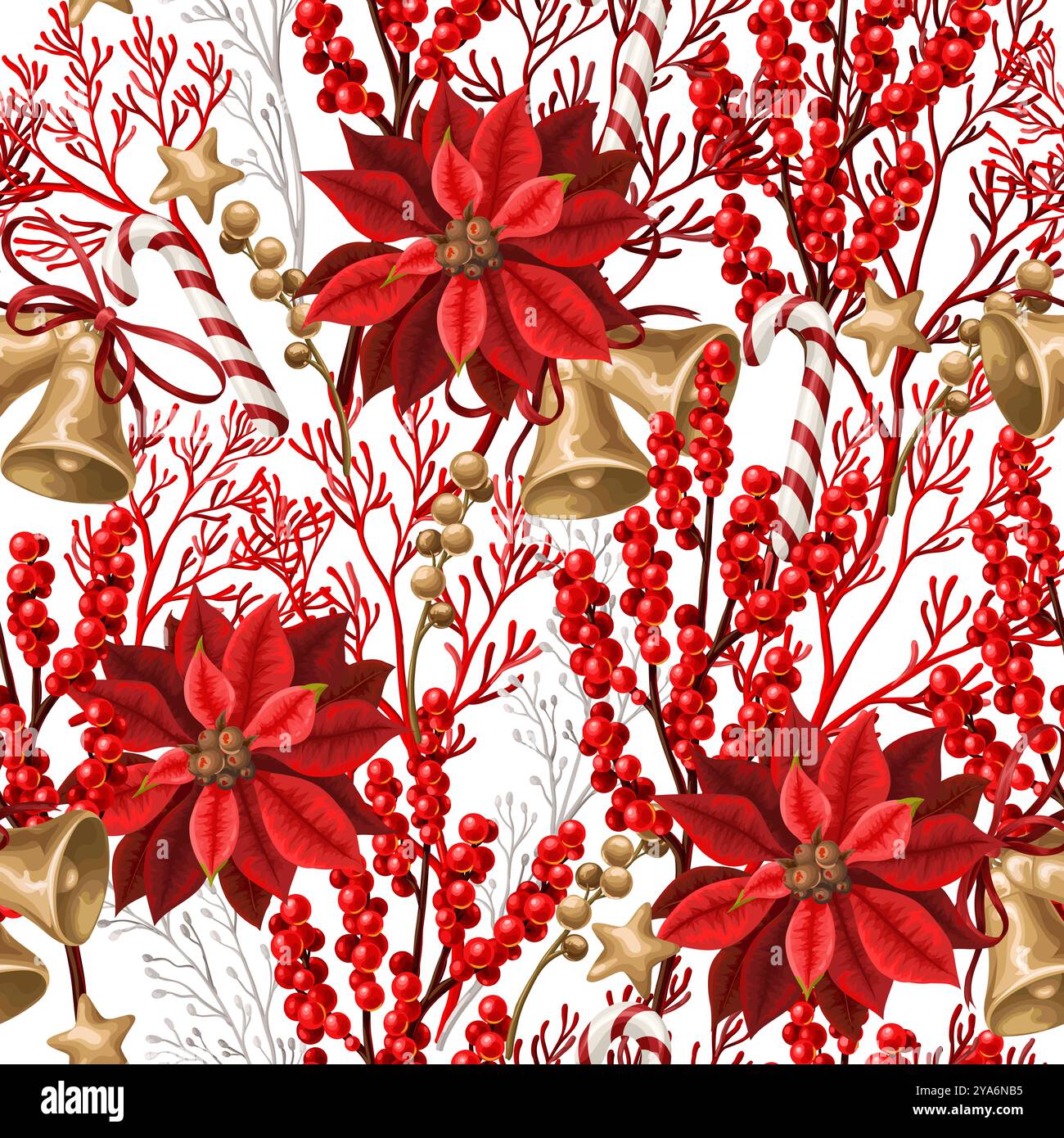 Christmas seamless pattern with red berries and bells. Vector Stock ...
