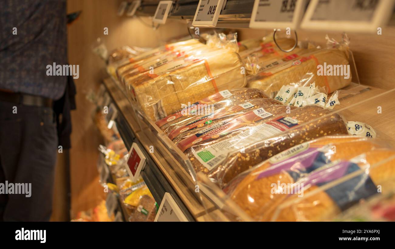 Copenhagen, Denmark - September 12 2024: bread shelf in the supermarket ...