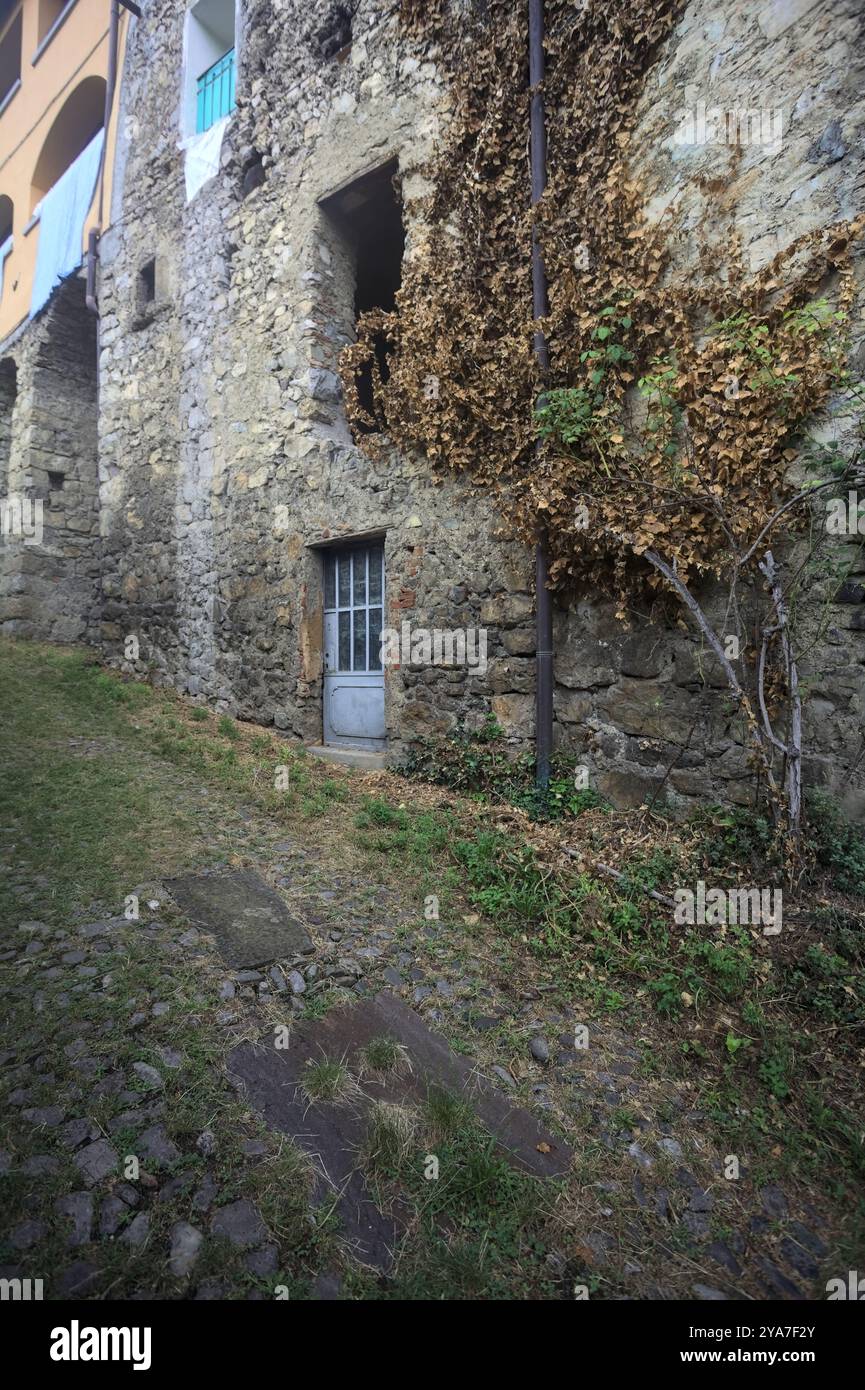 Facade of an abandoned stone house with a withered creeper plant over ...