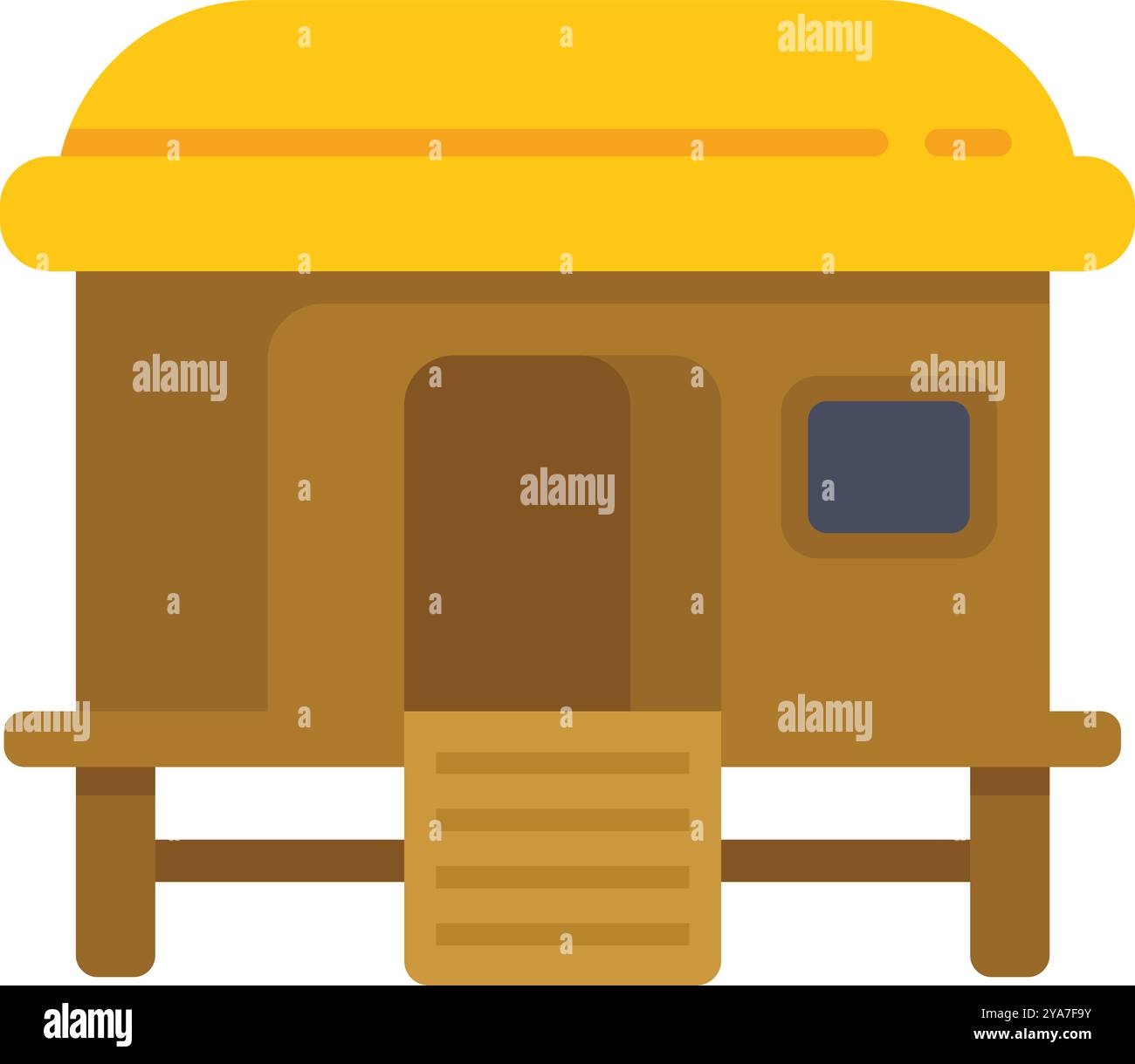 Simple vector illustration of a wooden stilt house with a thatched roof, a door and a window ...
