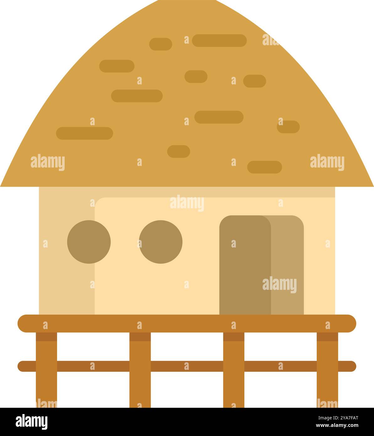 Simple icon of a bungalow with a thatched roof standing on wooden stilts, in a flat design style ...