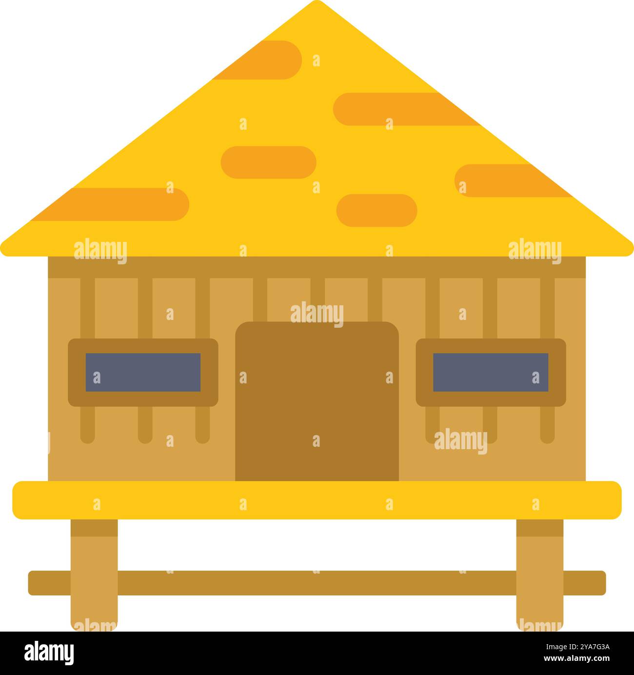 Simple flat icon of a wooden hut with thatched roof built on stilts, evoking tropical ...
