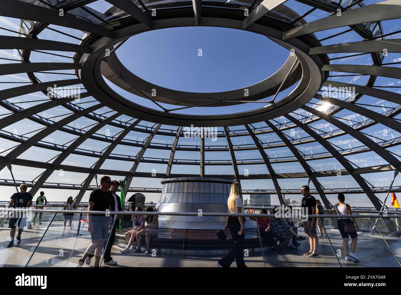People at the top of the Reichstag building dome, glass dome open to ...