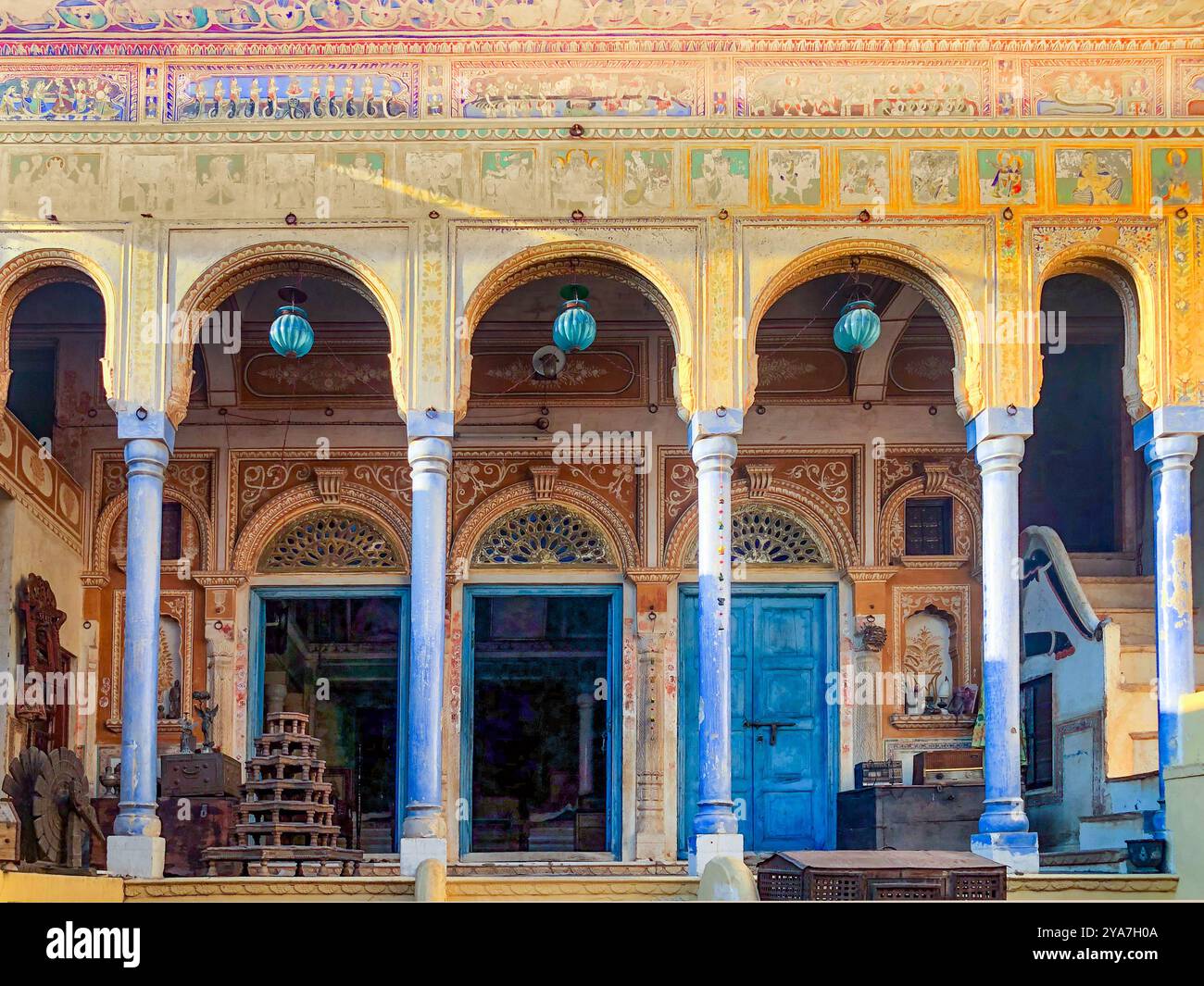 Mandawa, India - February 10, 2024: historic colorful paintings at a ...