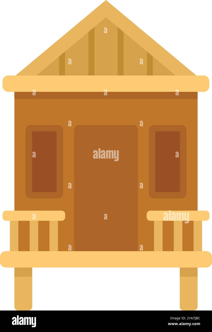 Simple and colorful vector icon of a wooden bungalow with a porch standing on stilts, in flat ...