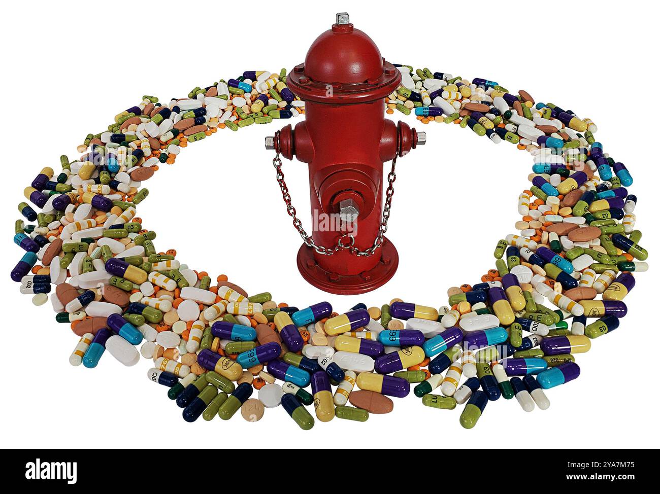 Red fire hydrant sdand pills showing putting out drug addiction Stock ...