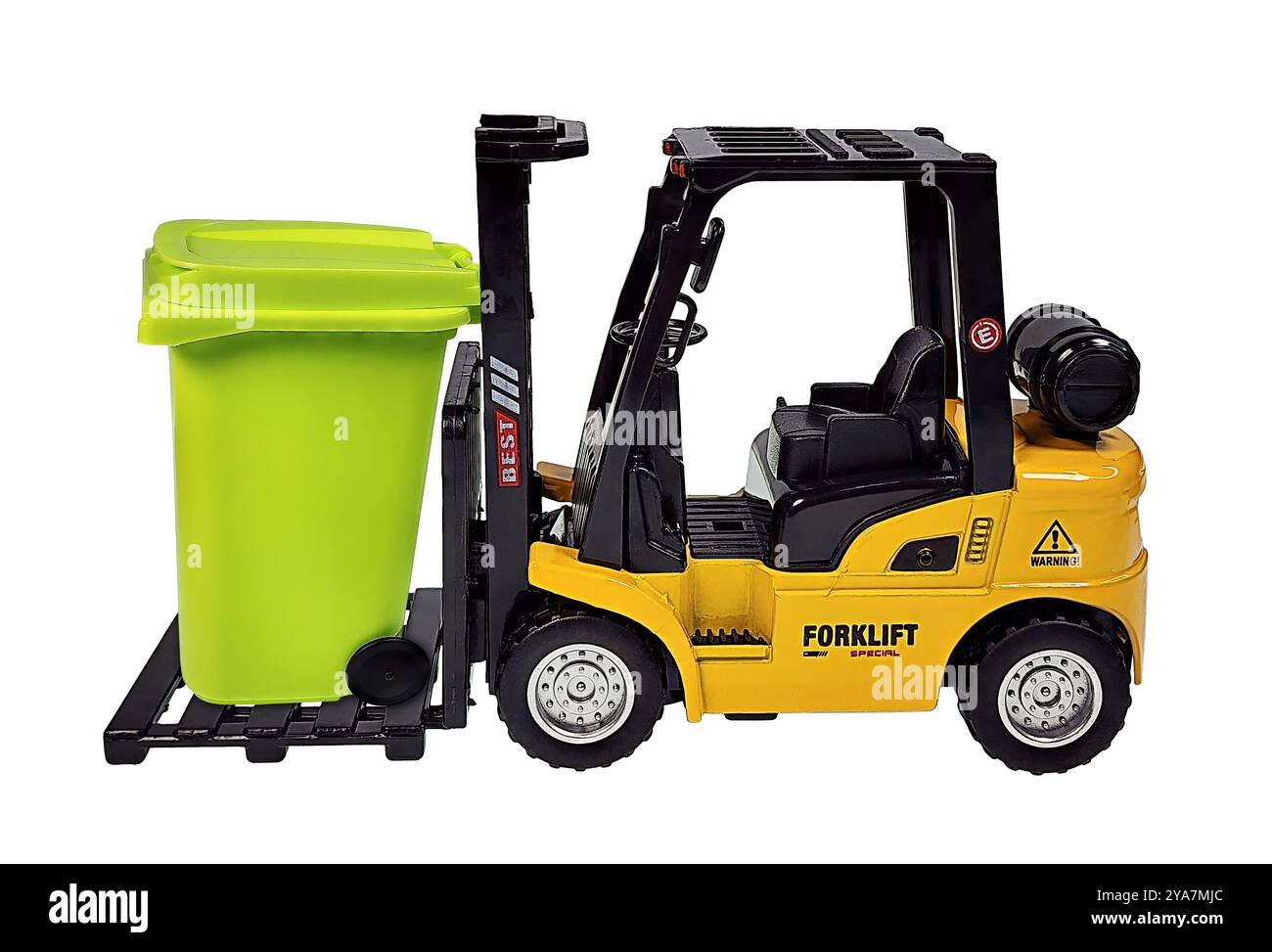 A yellow forklift for moving large objects like a big recycling bin ...