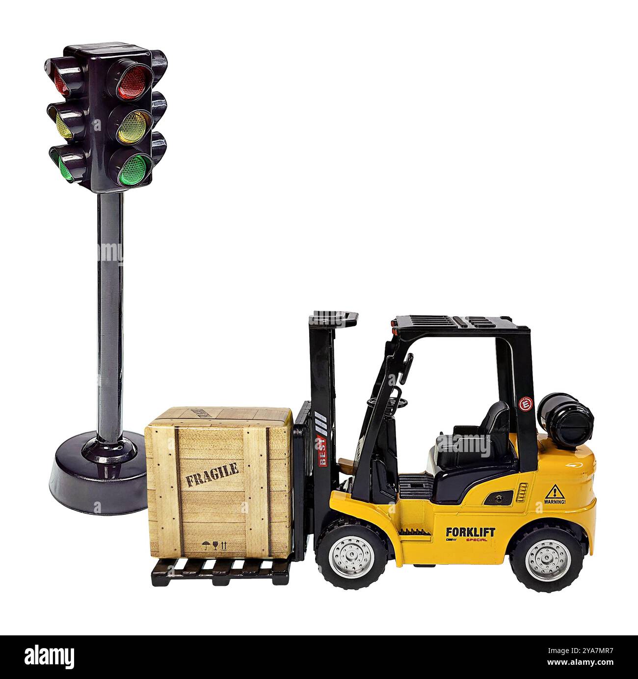 A yellow forklift for moving large objects like a crate with a traffic ...