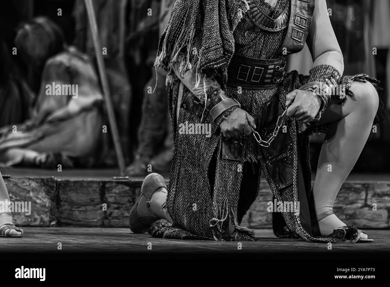 Closeup of men in egyptian clothes, theatrical costume. Aida opera by ...