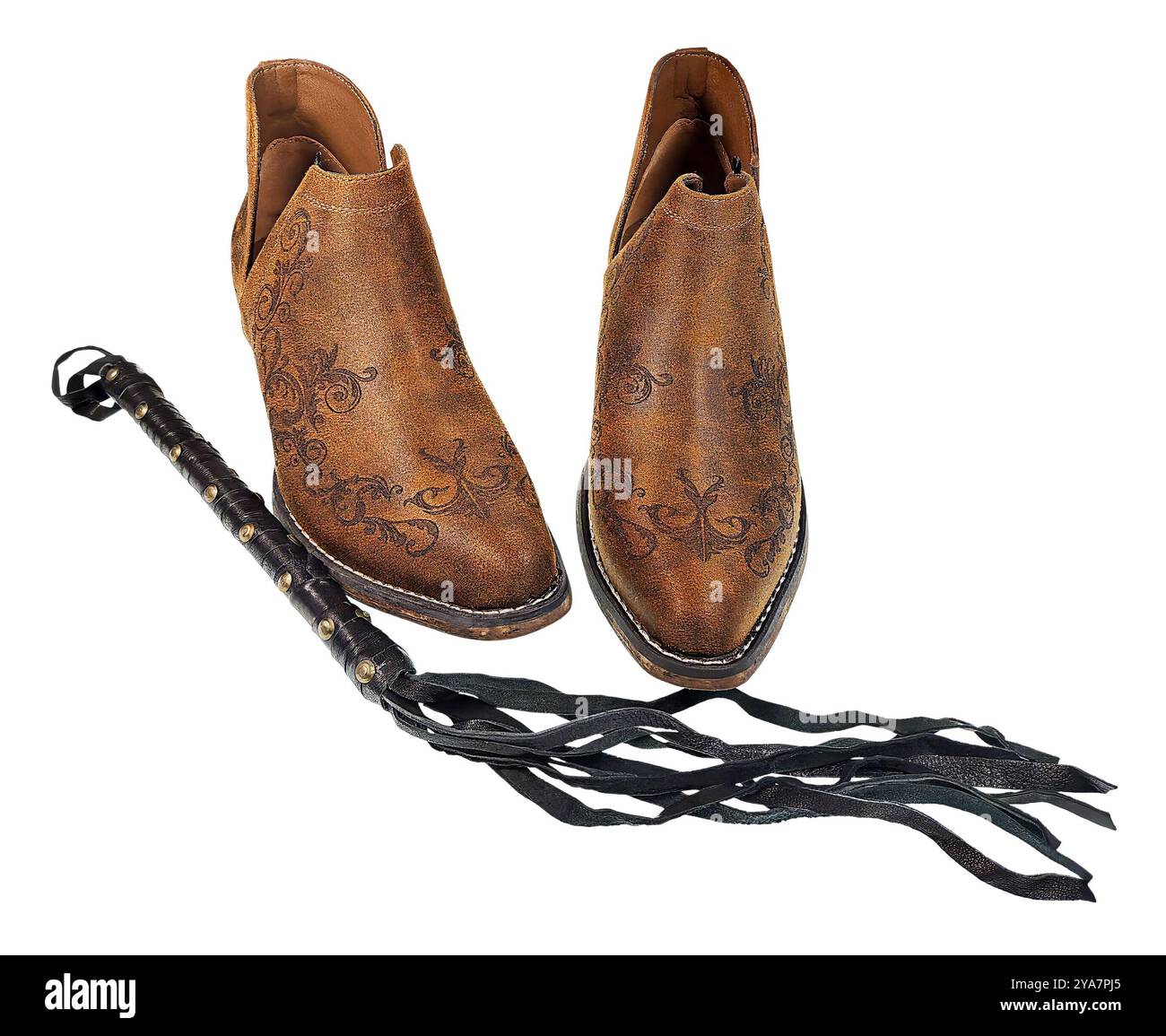 Brown boots with an embossed design with a black leather a Cat O'Nine ...