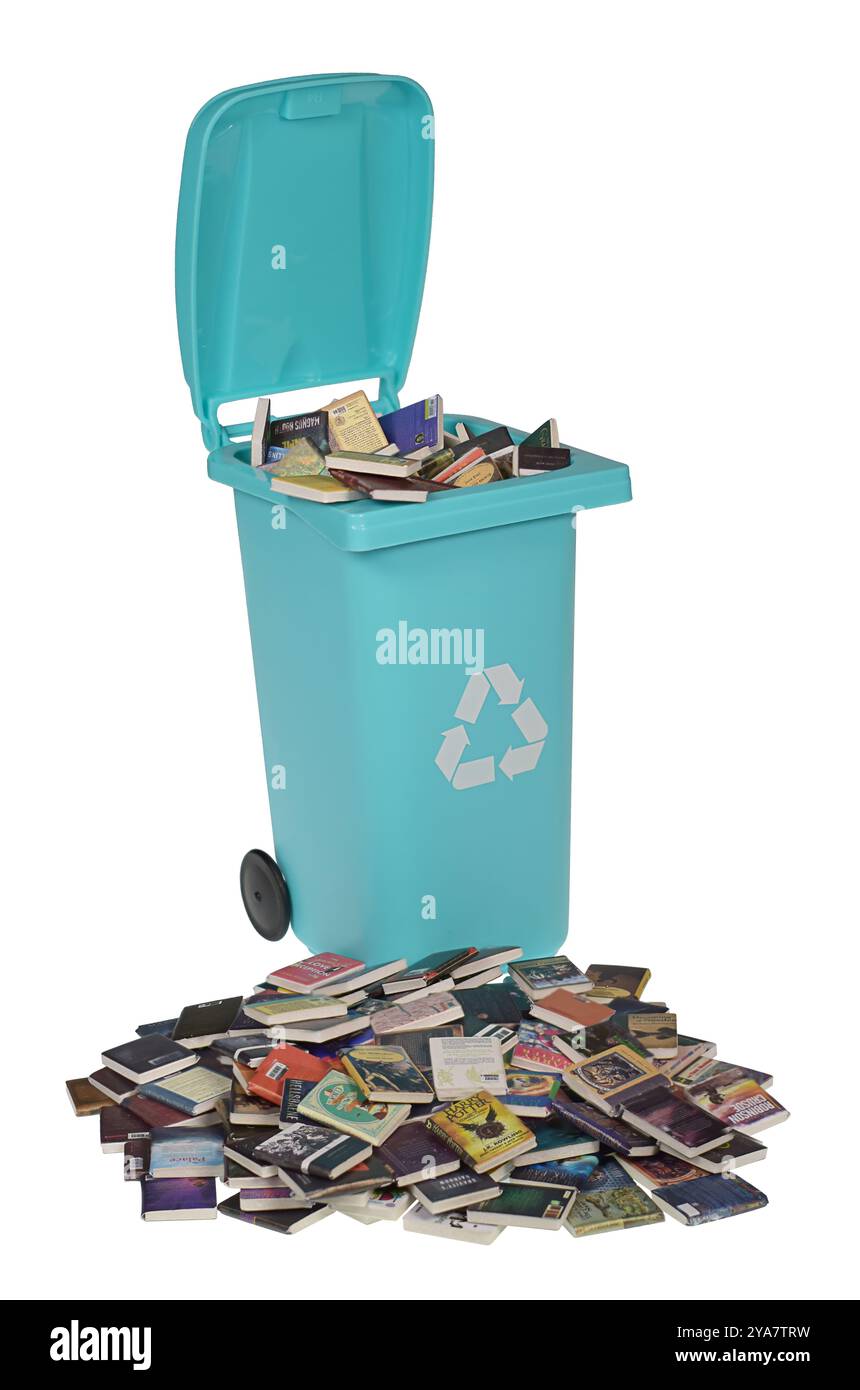 A large blue recycle bin for recycling items full of books Stock Photo ...