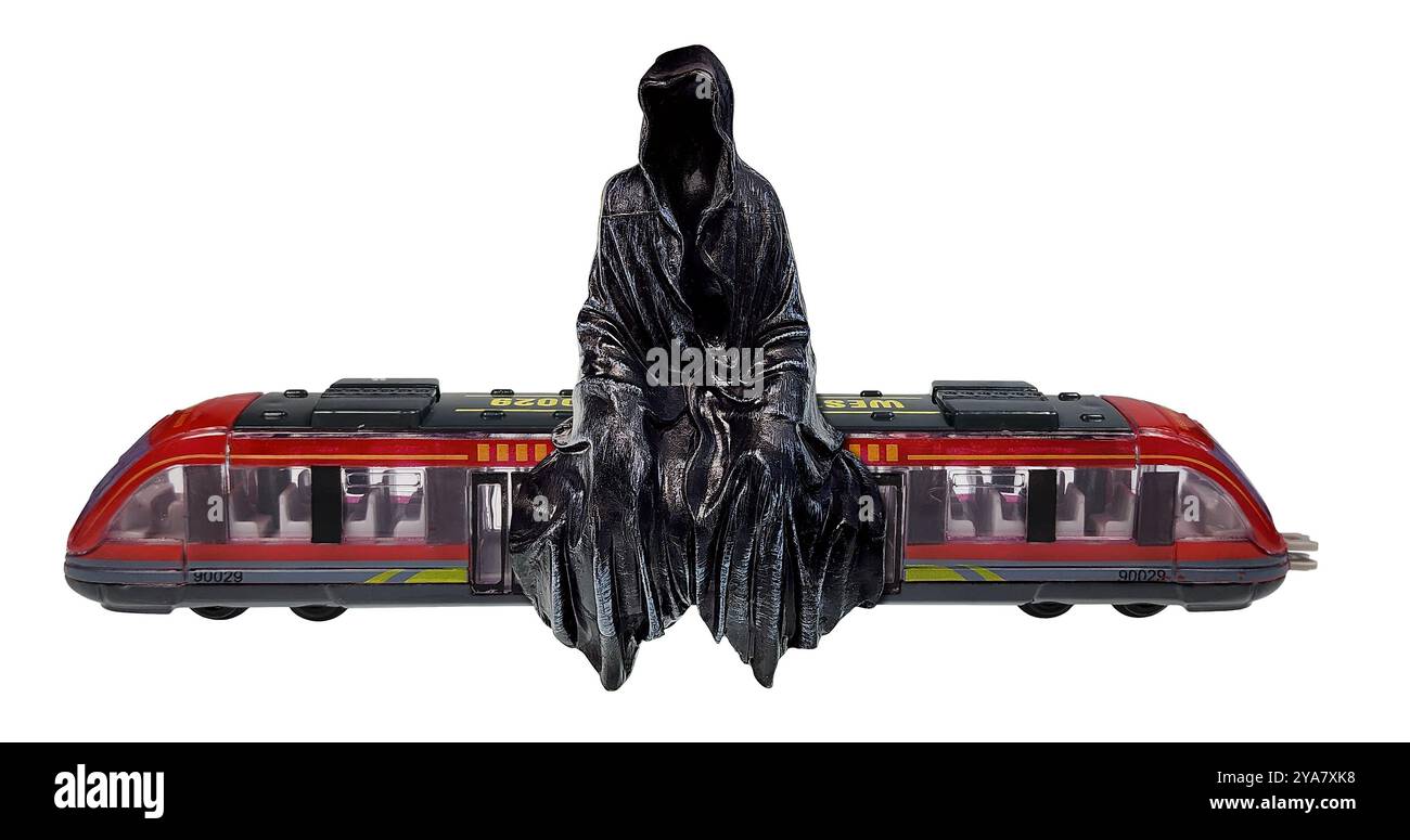 Death and a red rail train used to carry passengers to destinations to ...