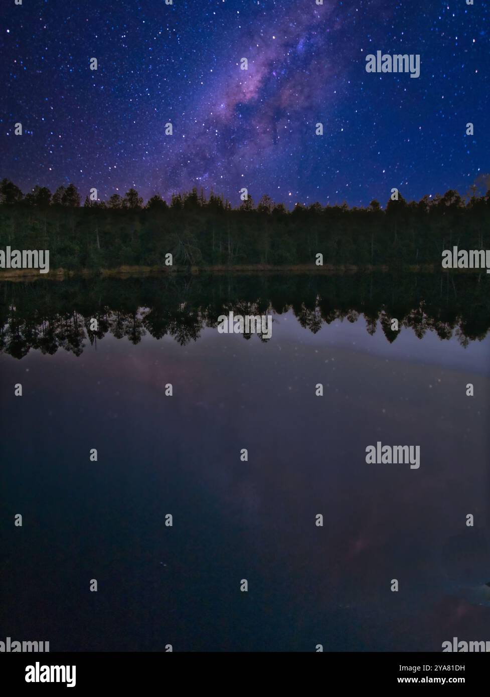 Mountain landscape with a lake in the evening, stars in the sky, milky ...