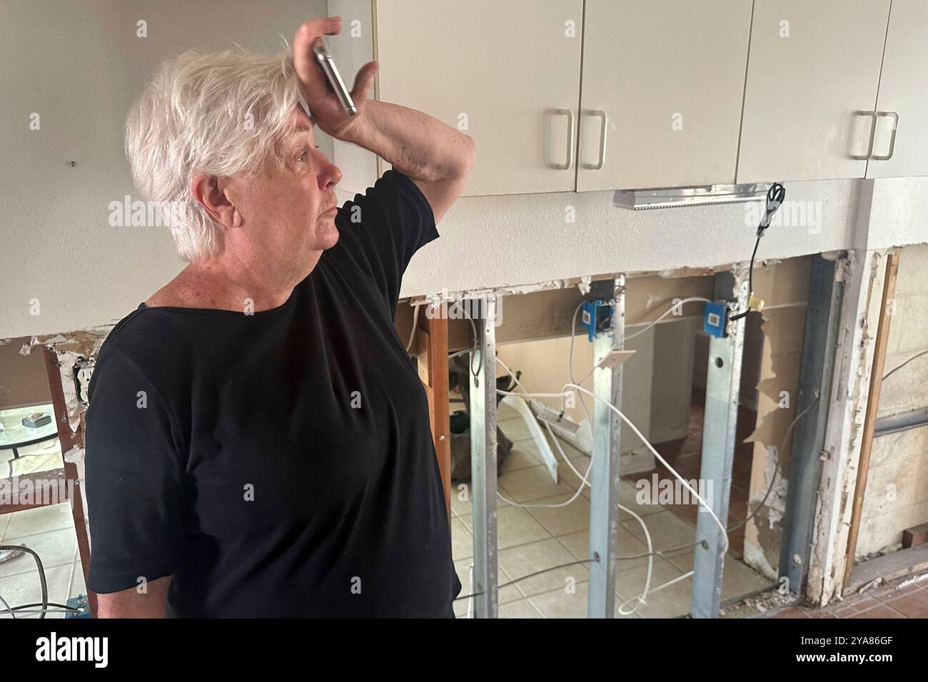 Catherine Praught stands inside her damaged home from Hurricane Milton ...