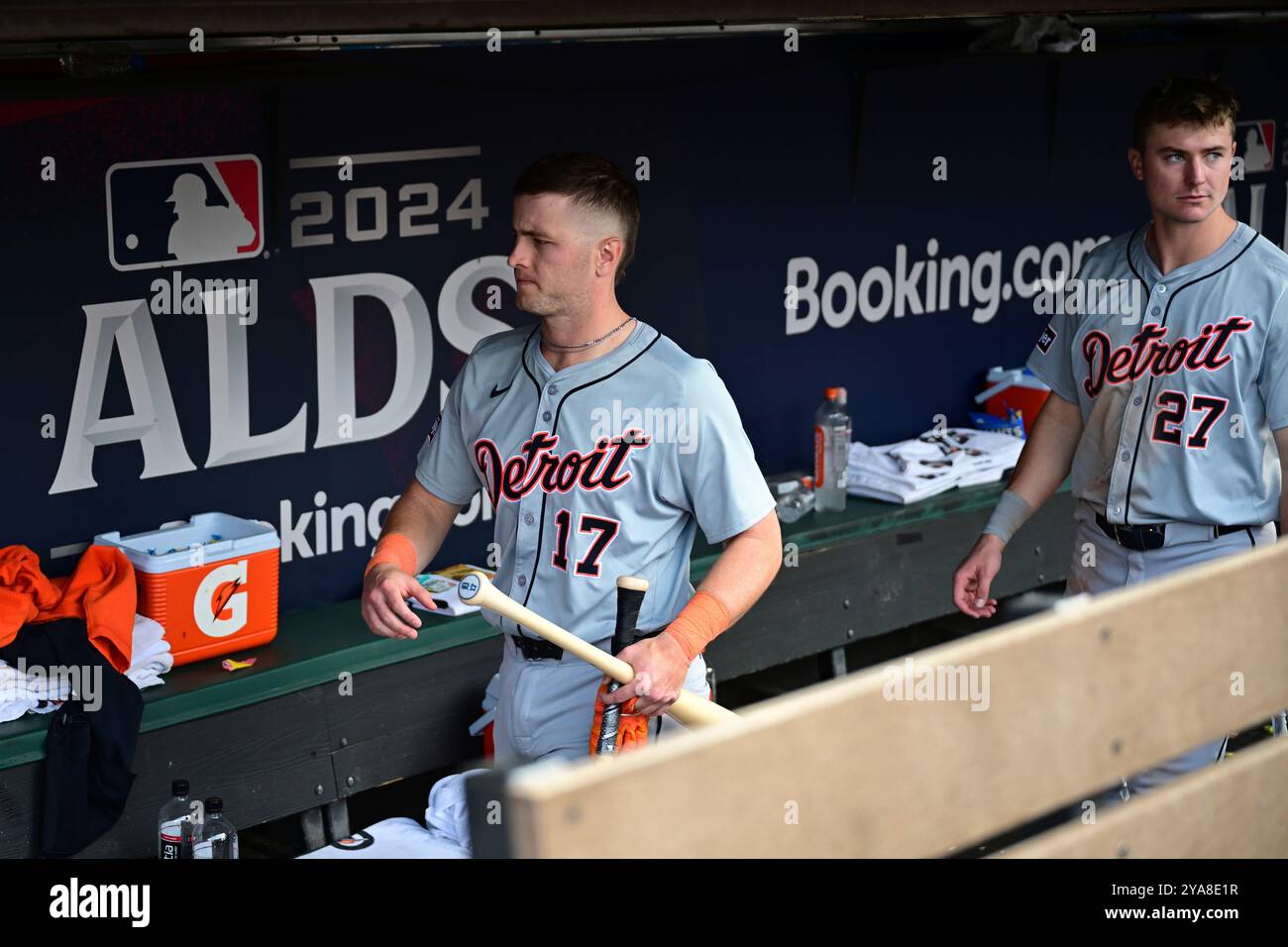 Detroit Tigers' Jace Jung (17) and Trey Sweeney (27) walk out of the ...