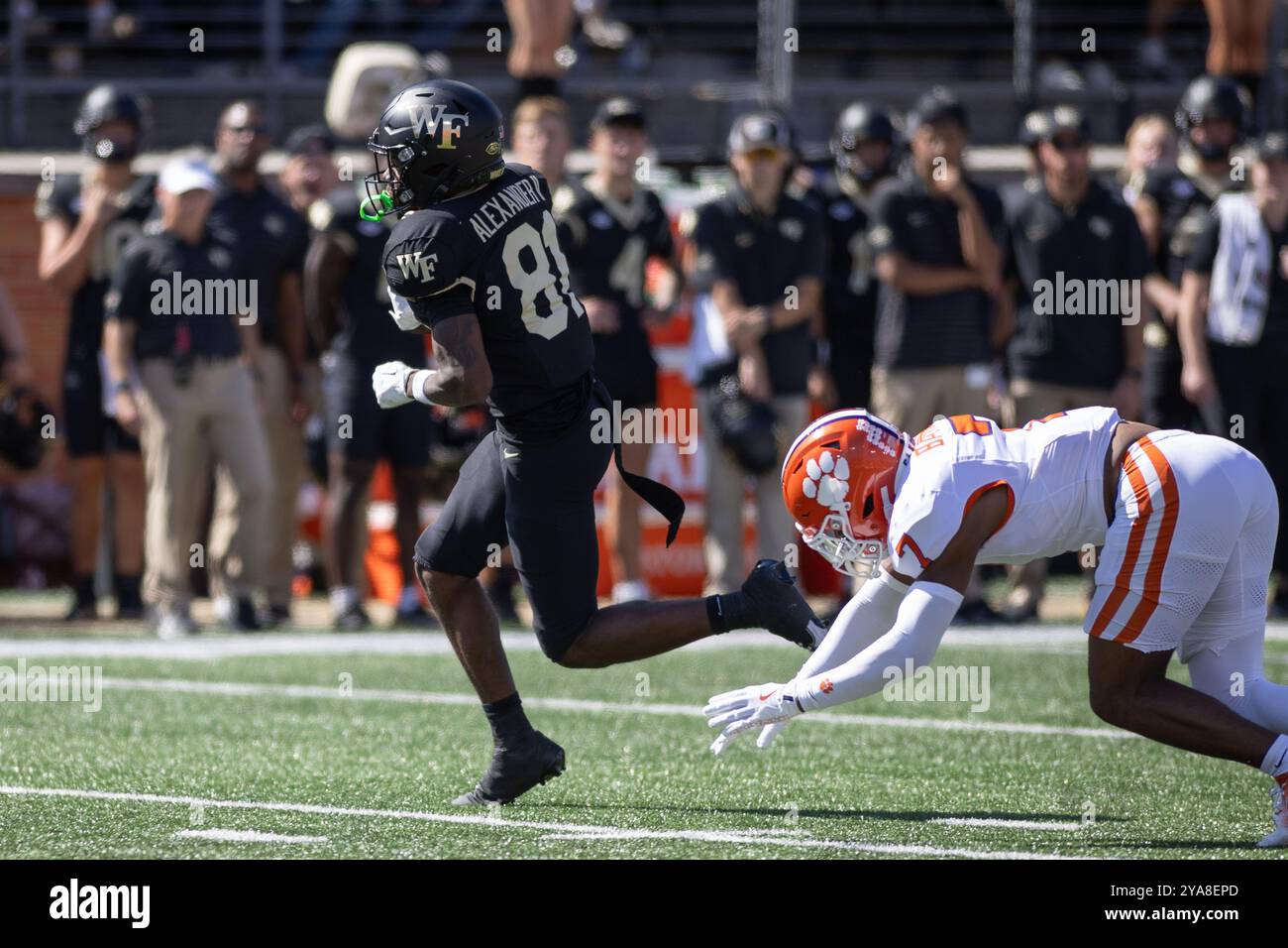 Winston-Salem, NC, USA. 12th Oct, 2024. Wake Forest Demon Deacons wide receiver Deuce Alexander ...
