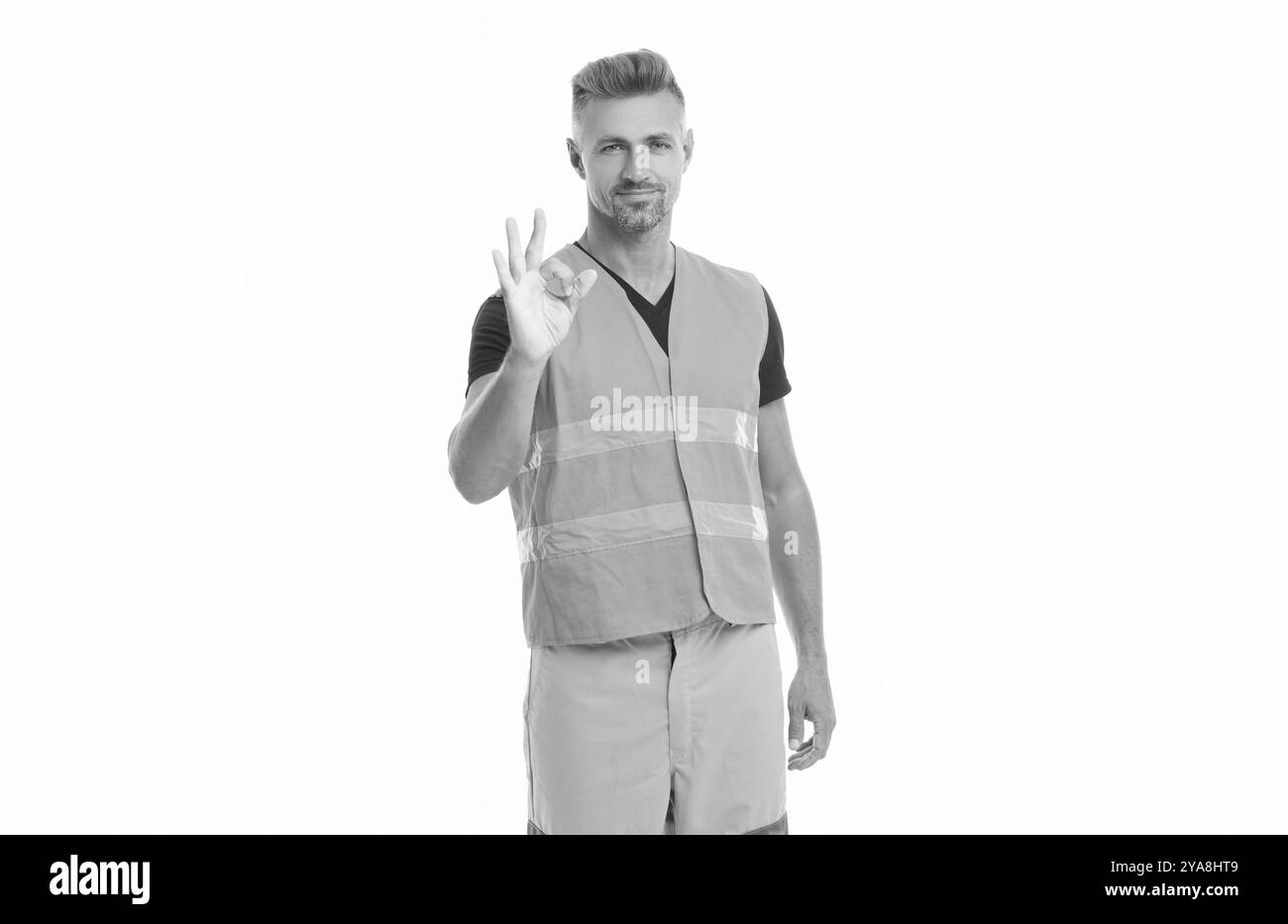 mature man worker show ok gesture isolated on white. worker man in ...