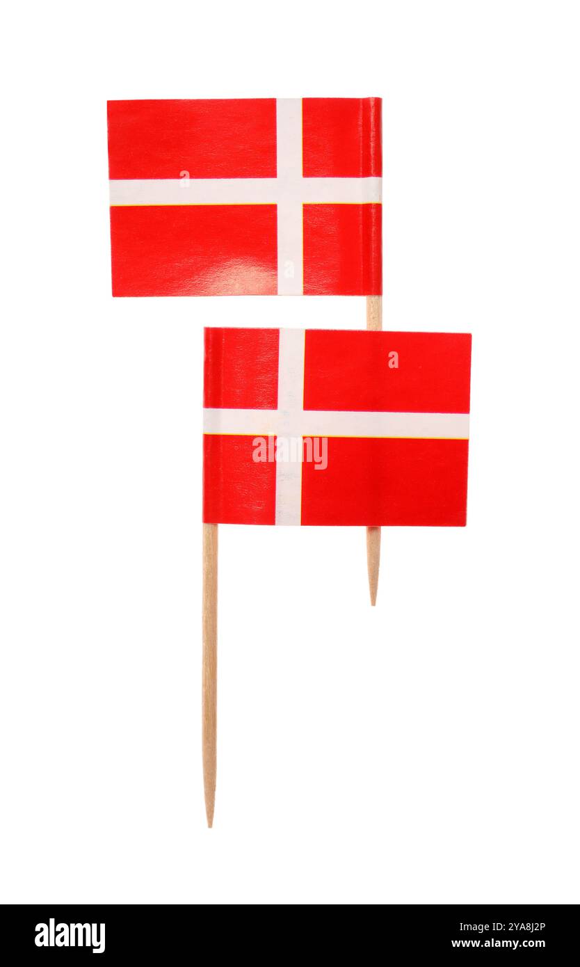 Small paper flags of Denmark isolated on white Stock Photo - Alamy