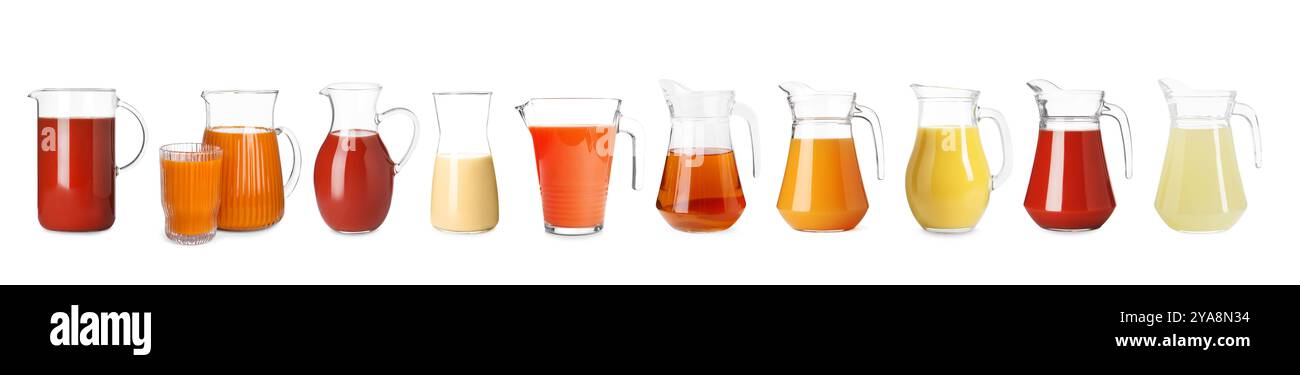 Glass jugs with different juices isolated on white, set Stock Photo - Alamy