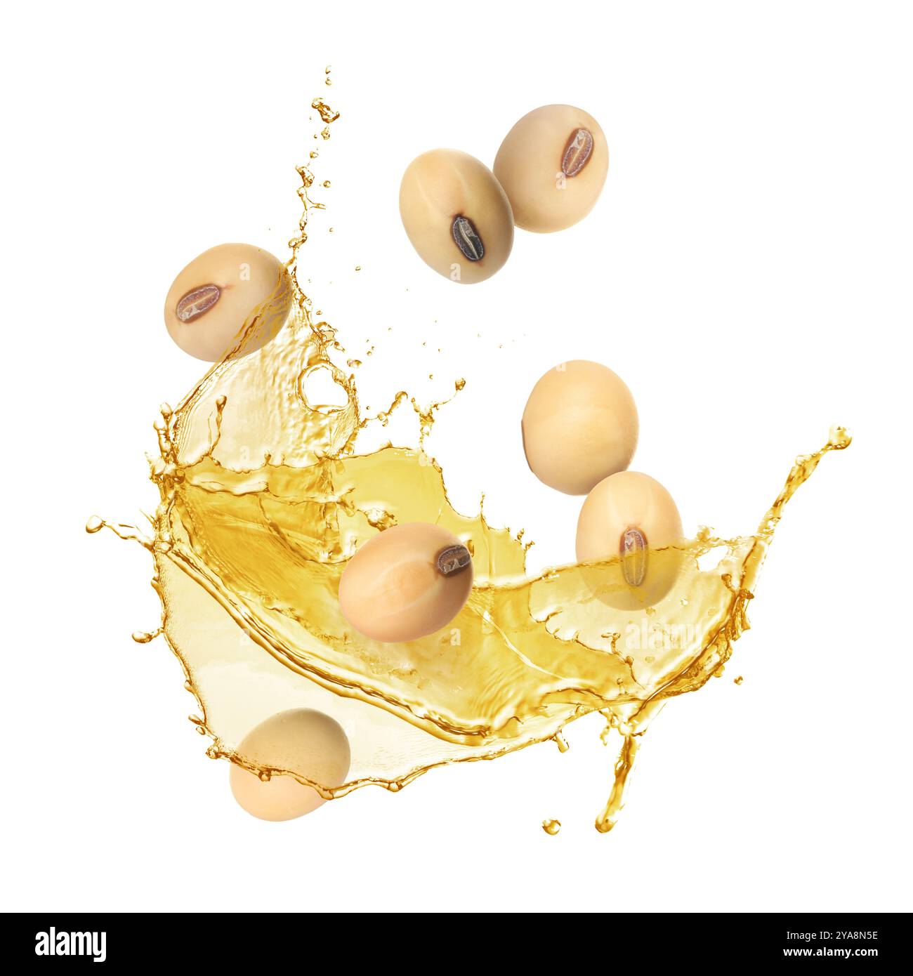 Soy beans and oil in air on white background Stock Photo - Alamy