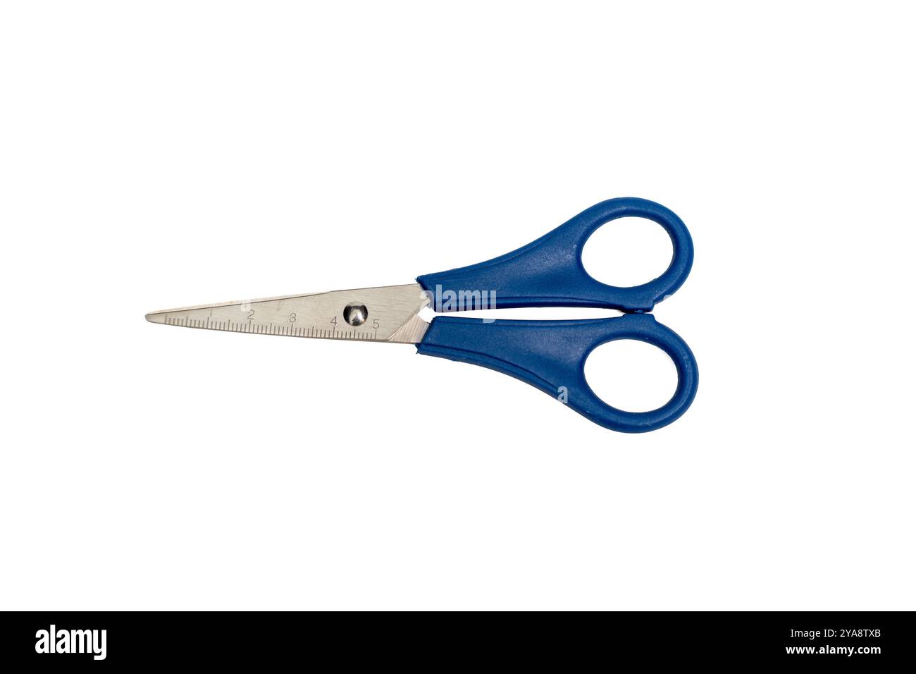 A blue pair of scissors with a ruler on the handle. The ruler is marked ...