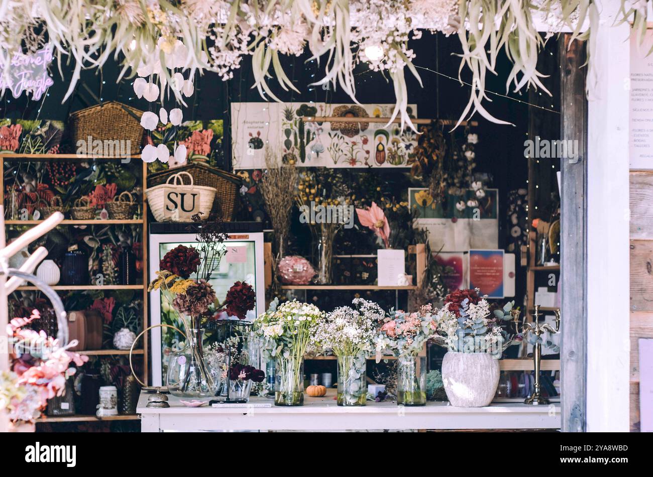 Chic floral shop display of seasonal flowers and eucalyptus in vases ...