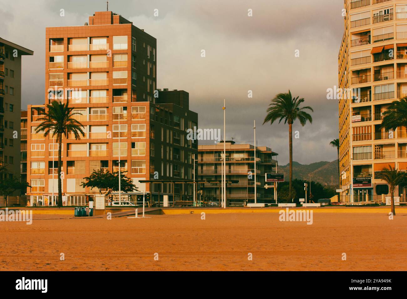 Gandia, Spain. 1 June 2024 Sandy beach on a summer resort with high ...