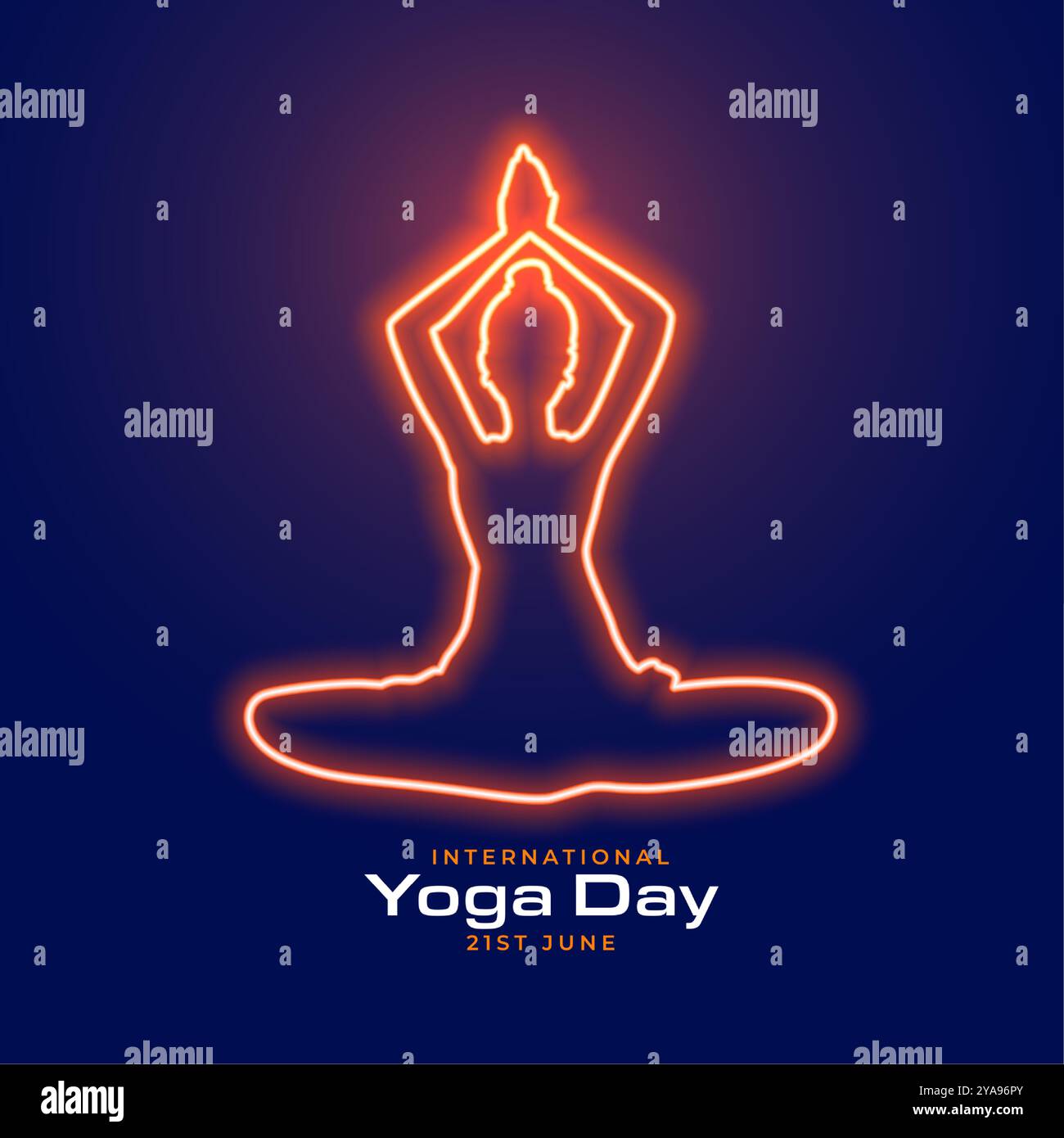 glowing neon international yoga day background with lady in posture ...