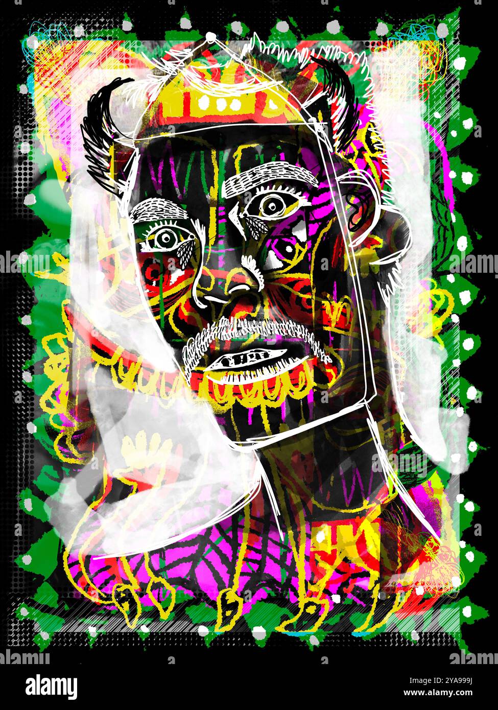 Scary portrait of a black person with horns. Modern punk stylish poster ...