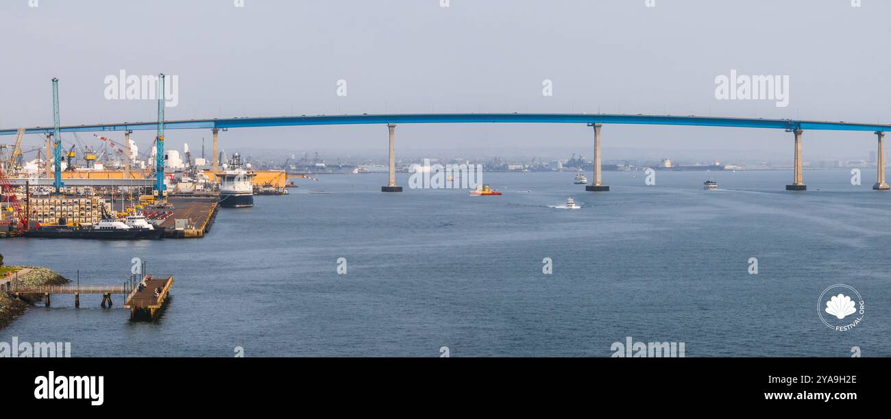 Aerial View of San Diego Coronado Bridge and Bustling Port Area Stock ...