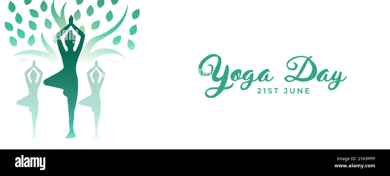 21st june world yoga day banner with artistic tree and exercise posture ...