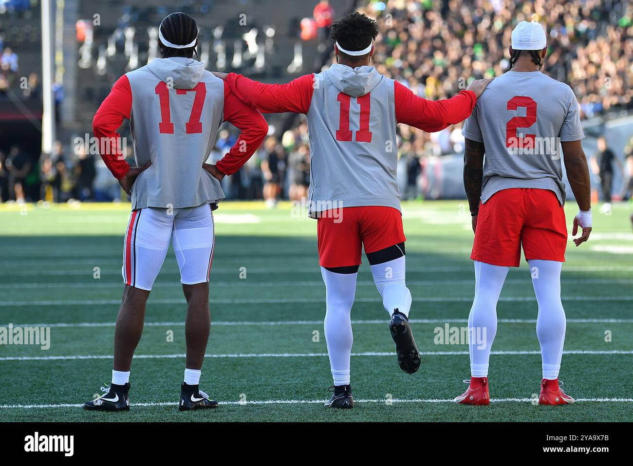 Eugene, Oregon, USA. 12th Oct, 2024. Ohio State Buckeyes wide receivers ...