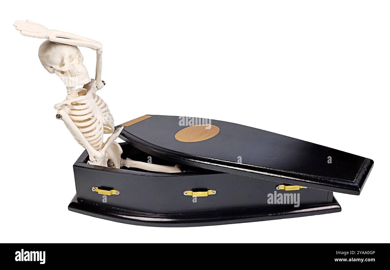 Worried Skeleton in a Black Wooden Coffin Used to Bury People Who Have ...