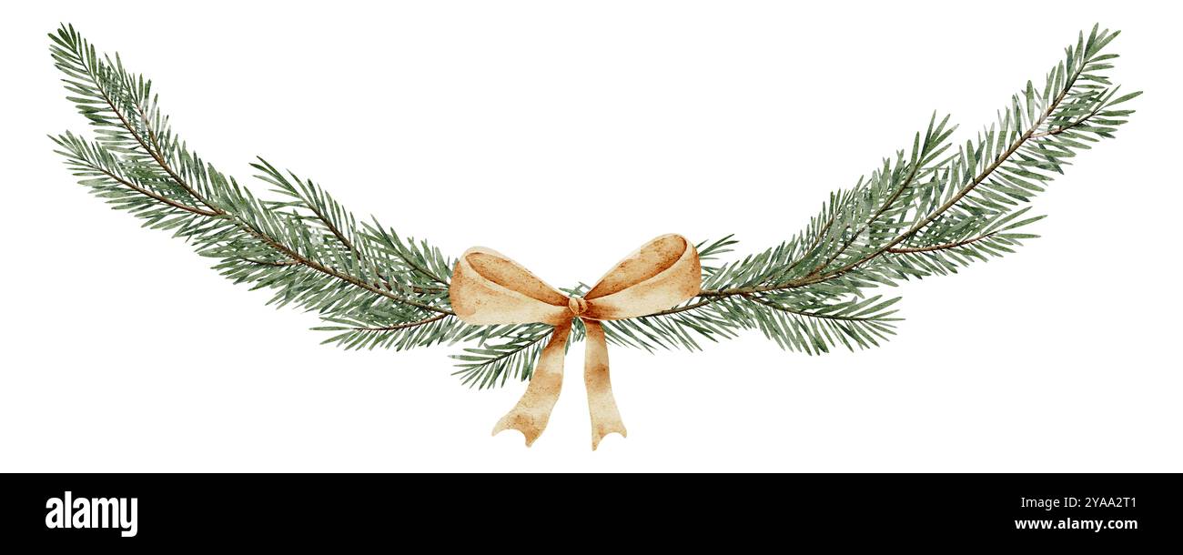 Christmas tree branches border with golden ribbon. Watercolor ...
