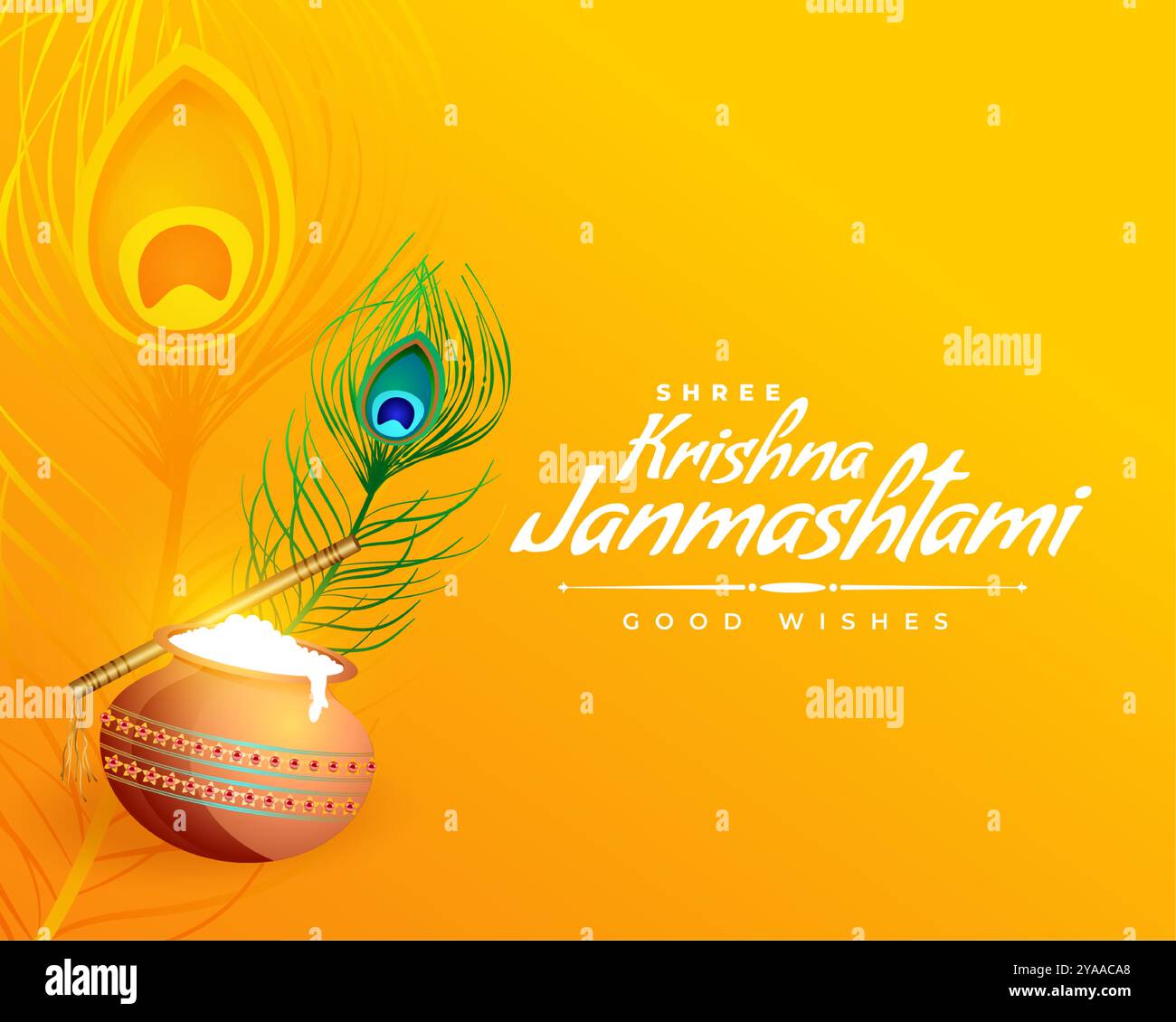 yellow janmashtami greeting with peacock feather and matki design ...