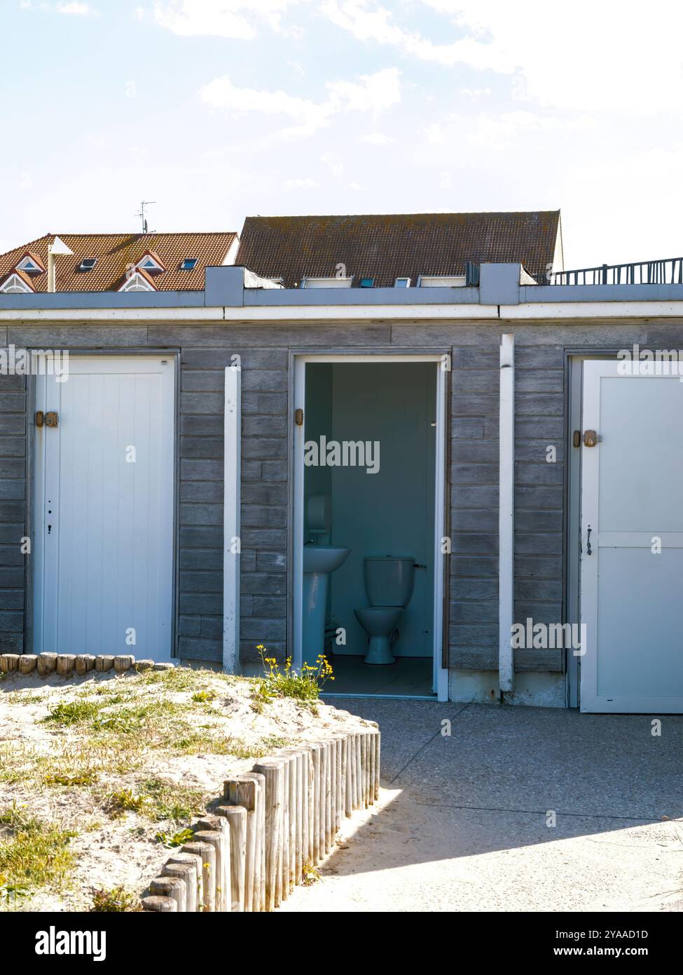 Public beachside restroom facility in France, showing an open stall ...