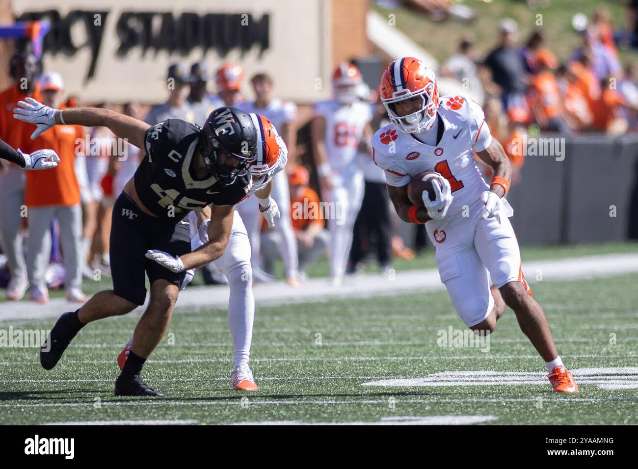 October 12, 2024: Clemson Tigers wide receiver T.J. Moore (1) runs into ...