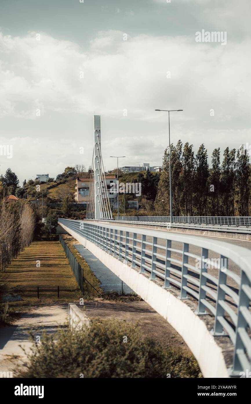 A modern suspension bridge with sleek metal cables and a tall central ...