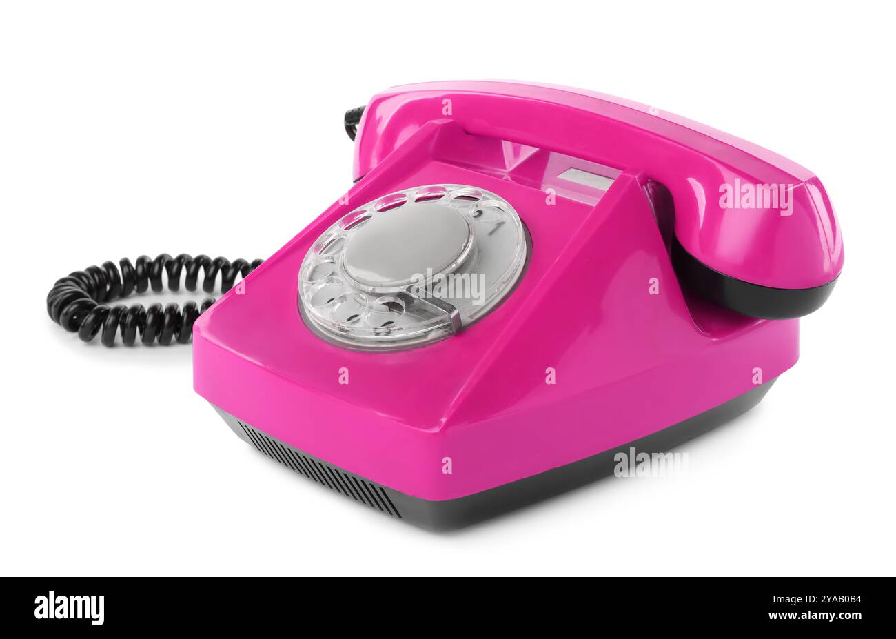 Old magenta color telephone with rotary dial isolated on white Stock ...