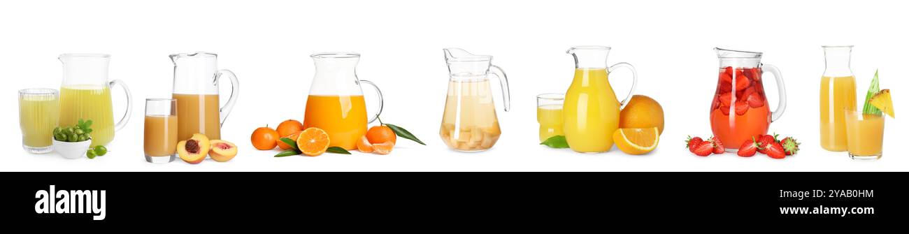 Glass jugs with different juices isolated on white, set Stock Photo - Alamy