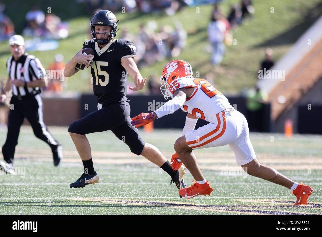 Winston-Salem, NC, USA. 12th Oct, 2024. Wake Forest Demon Deacons quarterback Michael Kern (15 ...