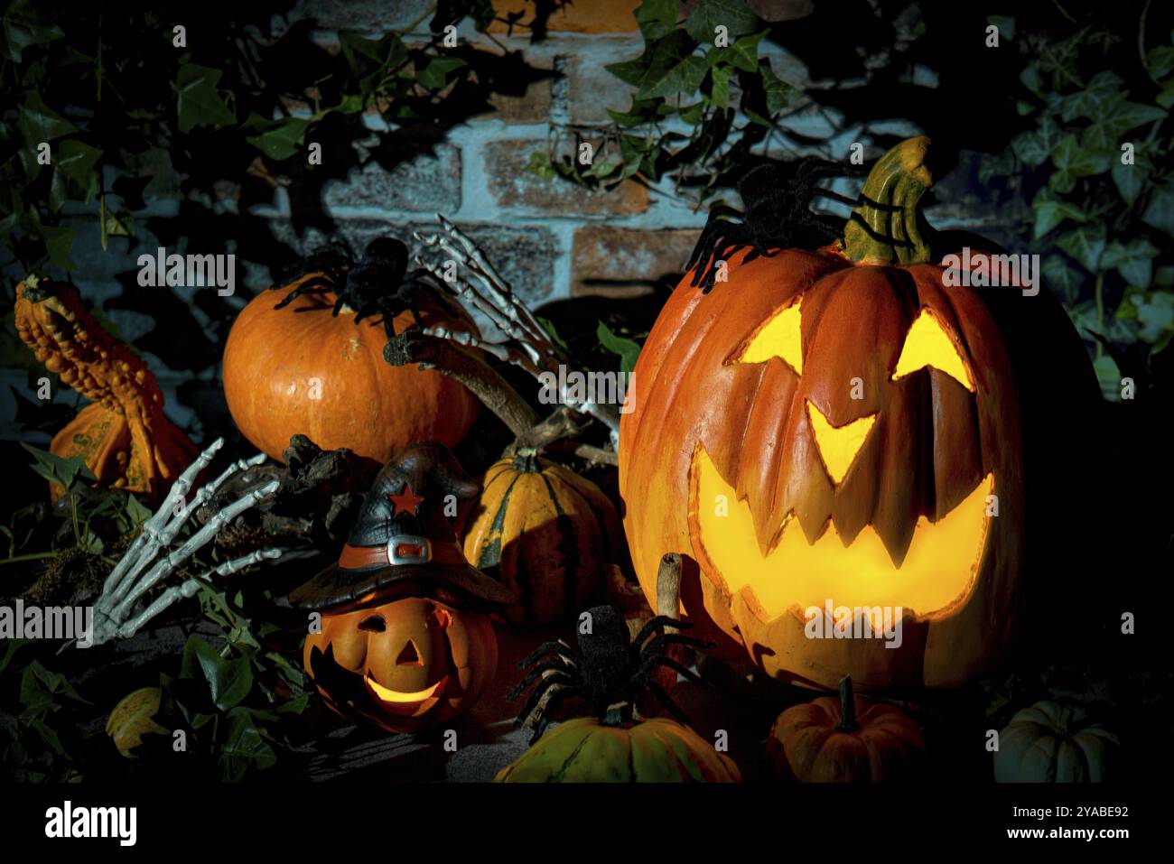 Halloween pumpkin surrounded by spiders, decorative pumpkins and bone ...