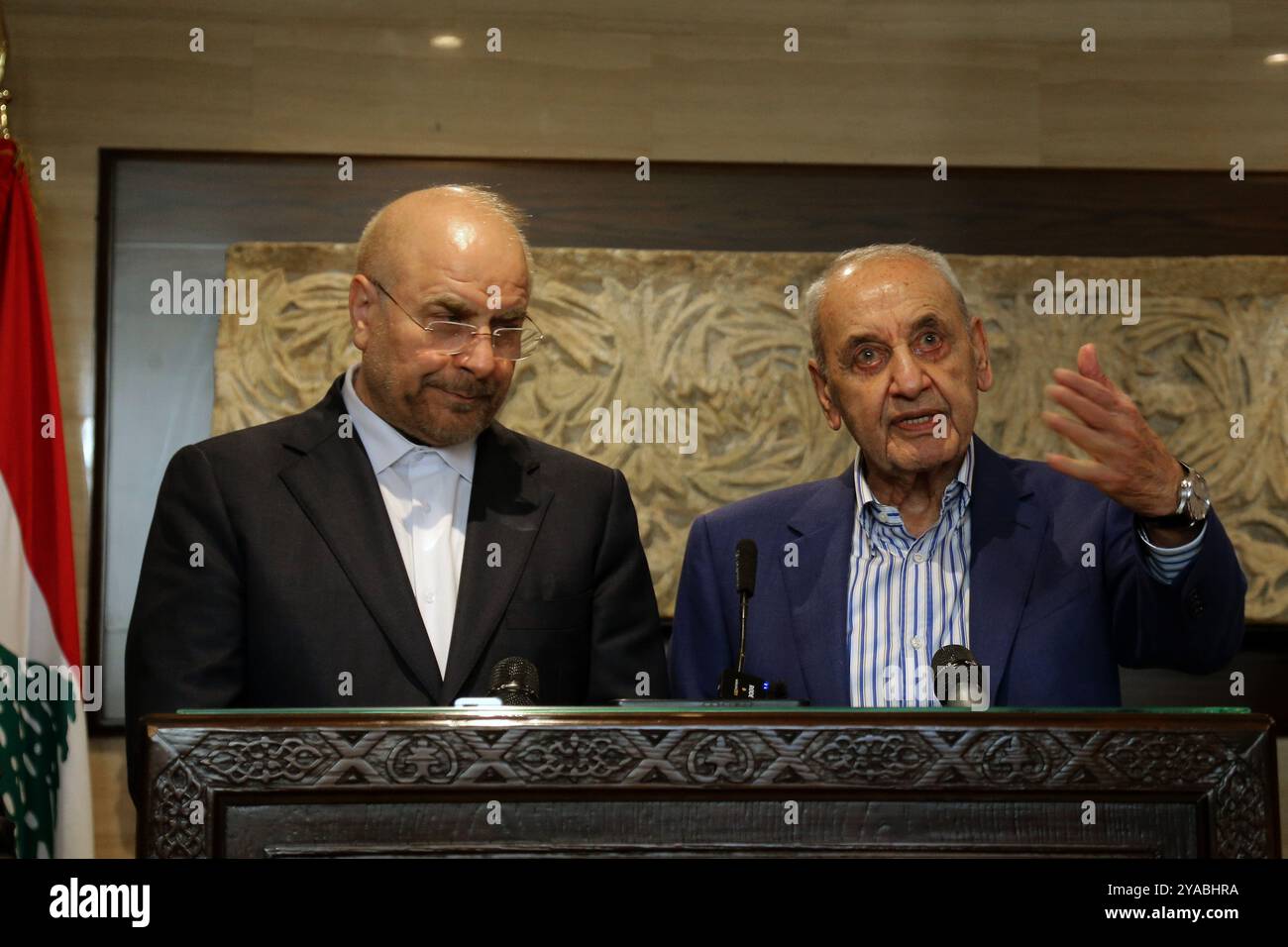 Beirut, Lebanon. 12th Oct, 2024. Iranian Speaker of the Parliament on left MOHAMMAD BAGHER ...
